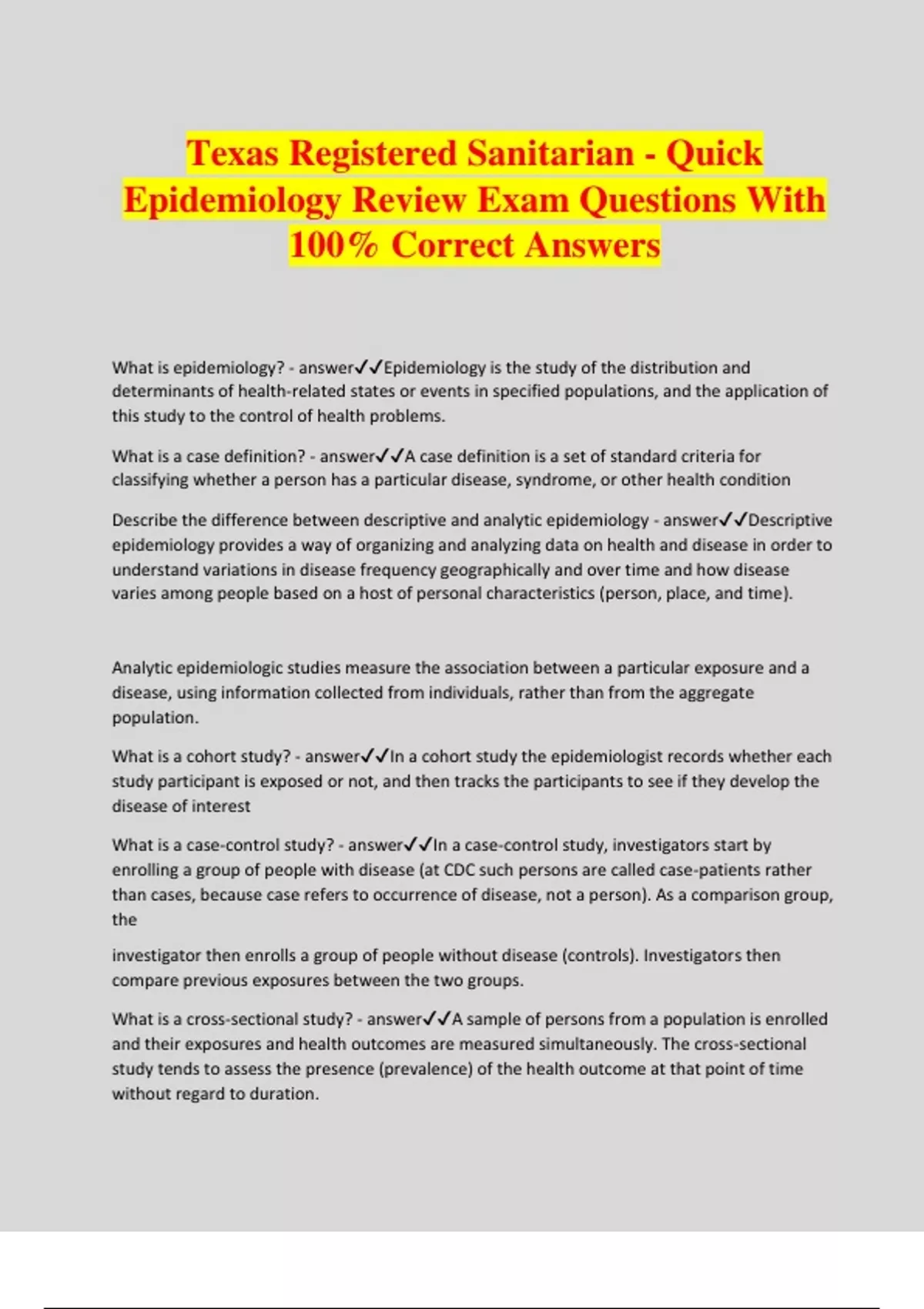 Texas Registered Sanitarian - Quick Epidemiology Review Exam Questions With 100% Correct Answers ...