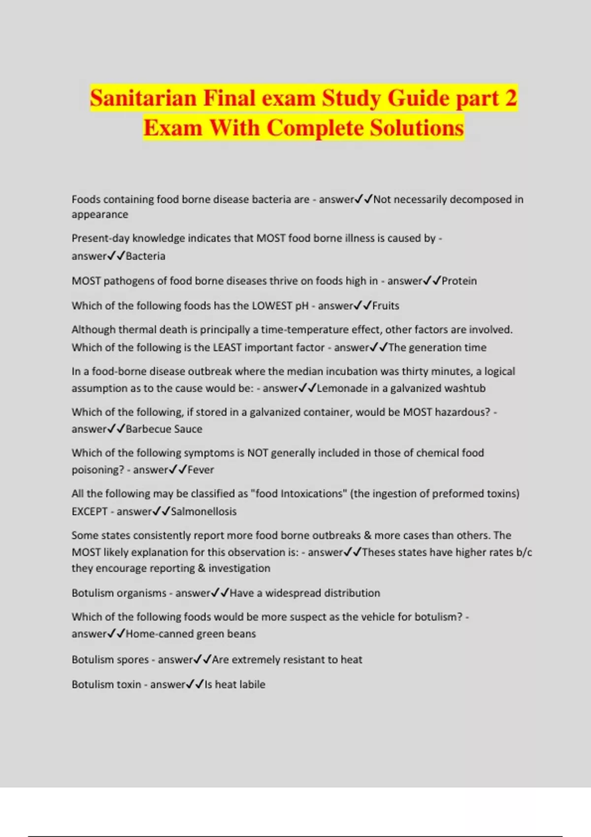 Sanitarian Final exam Study Guide part 2 Exam With Complete Solutions ...