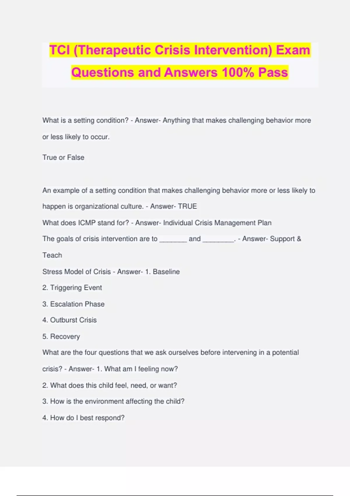TCI (Therapeutic Crisis Intervention) Exam Questions and Answers 100% ...