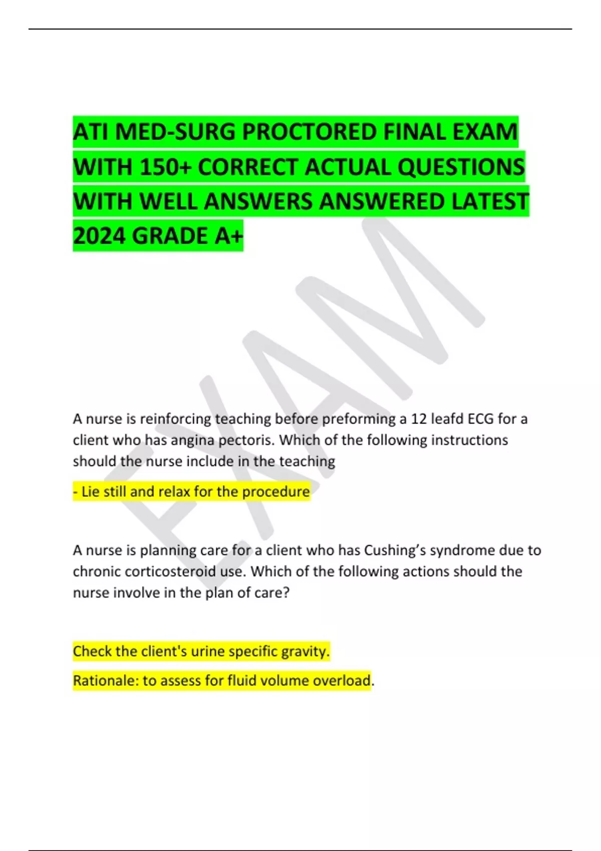 ATI MED-SURG PROCTORED FINAL EXAM WITH 150+ CORRECT ACTUAL QUESTIONS ...