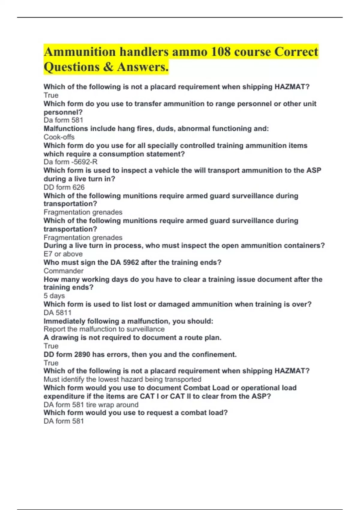 Ammunition handlers ammo 108 course Correct Questions & Answers. - Ammo ...