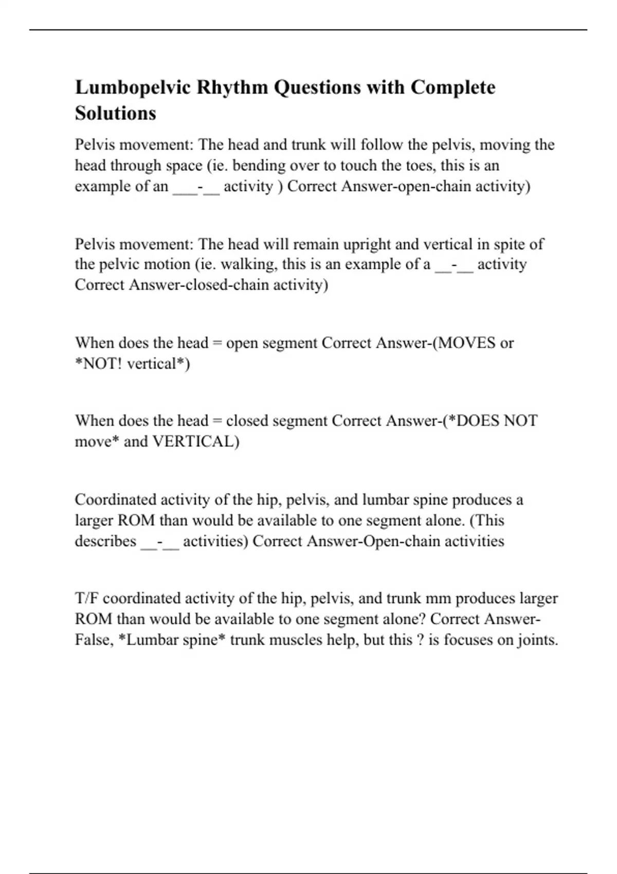 Lumbopelvic Rhythm Questions with Complete Solutions - RN nursing ...