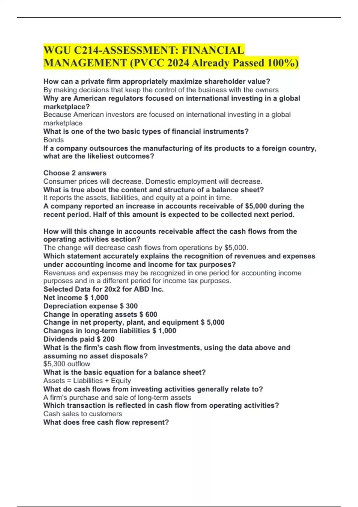 WGU C214-ASSESSMENT: FINANCIAL MANAGEMENT (PVCC 2024 Already Passed 100 ...