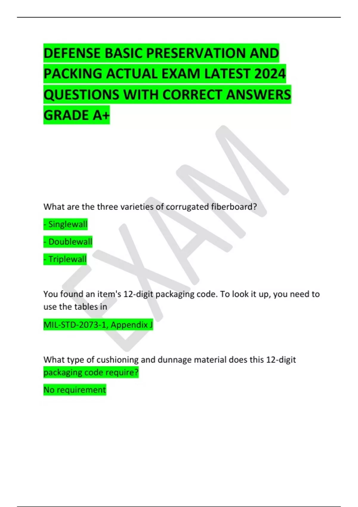 DEFENSE BASIC PRESERVATION AND PACKING ACTUAL EXAM LATEST 2024 ...