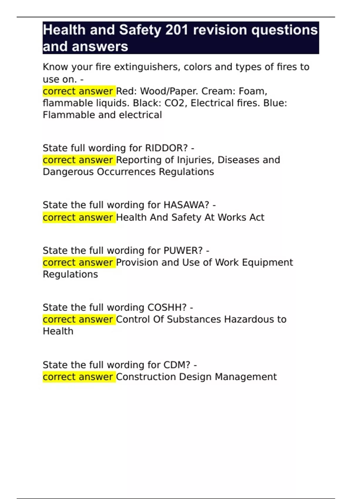 Health and Safety 201 revision questions and answers - Health and Safety 201 - Stuvia US