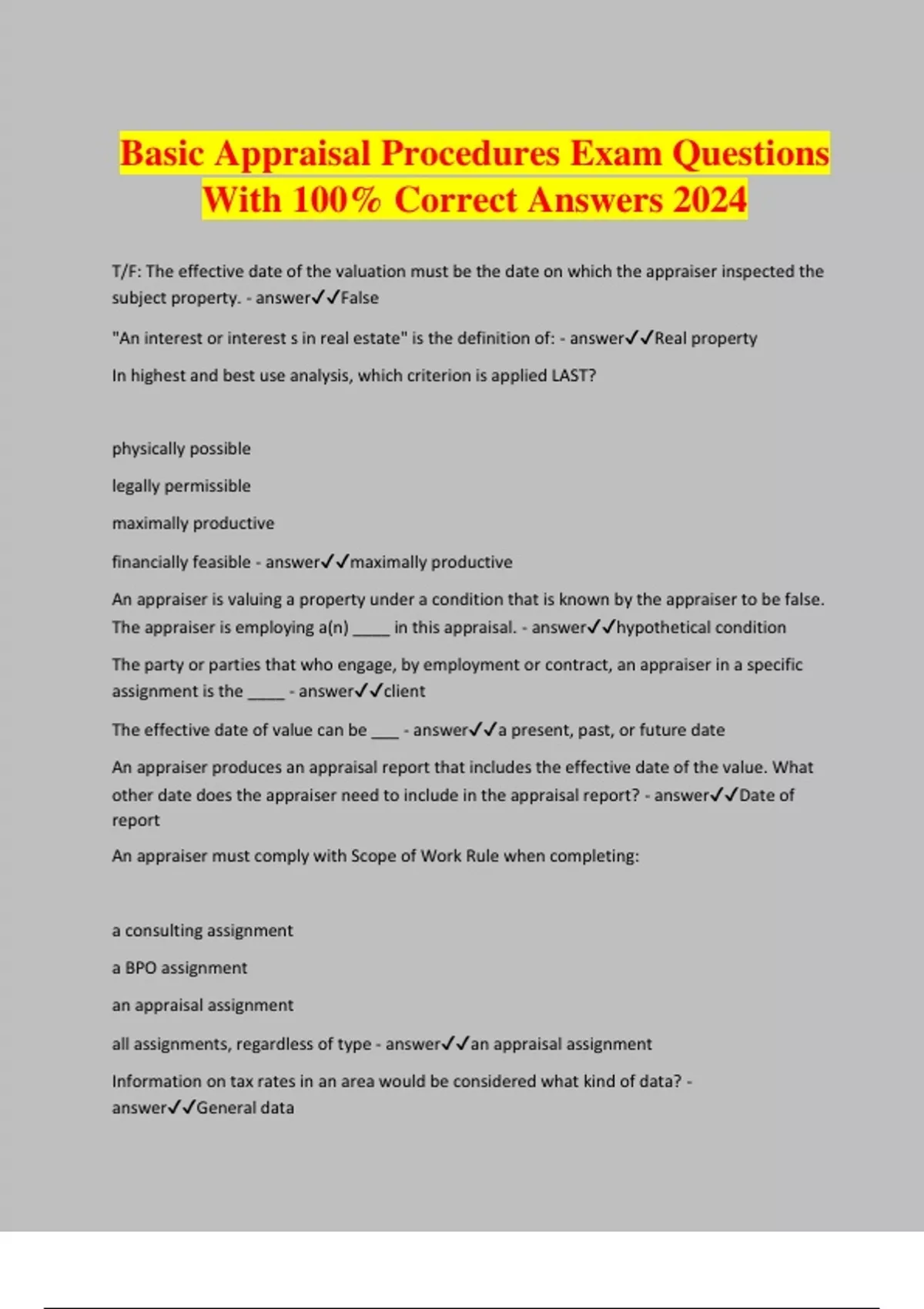 Basic Appraisal Procedures Exam Questions With 100% Correct Answers ...