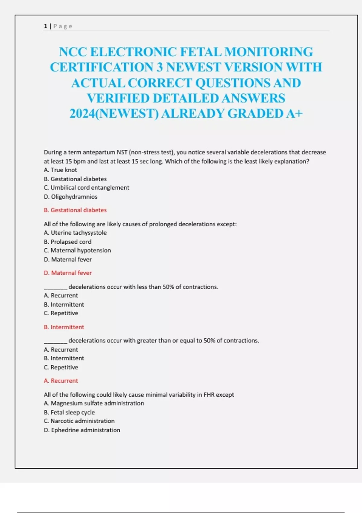 NCC ELECTRONIC FETAL MONITORING CERTIFICATION 3 NEWEST VERSION WITH ACTUAL CORRECT QUESTIONS AND ...
