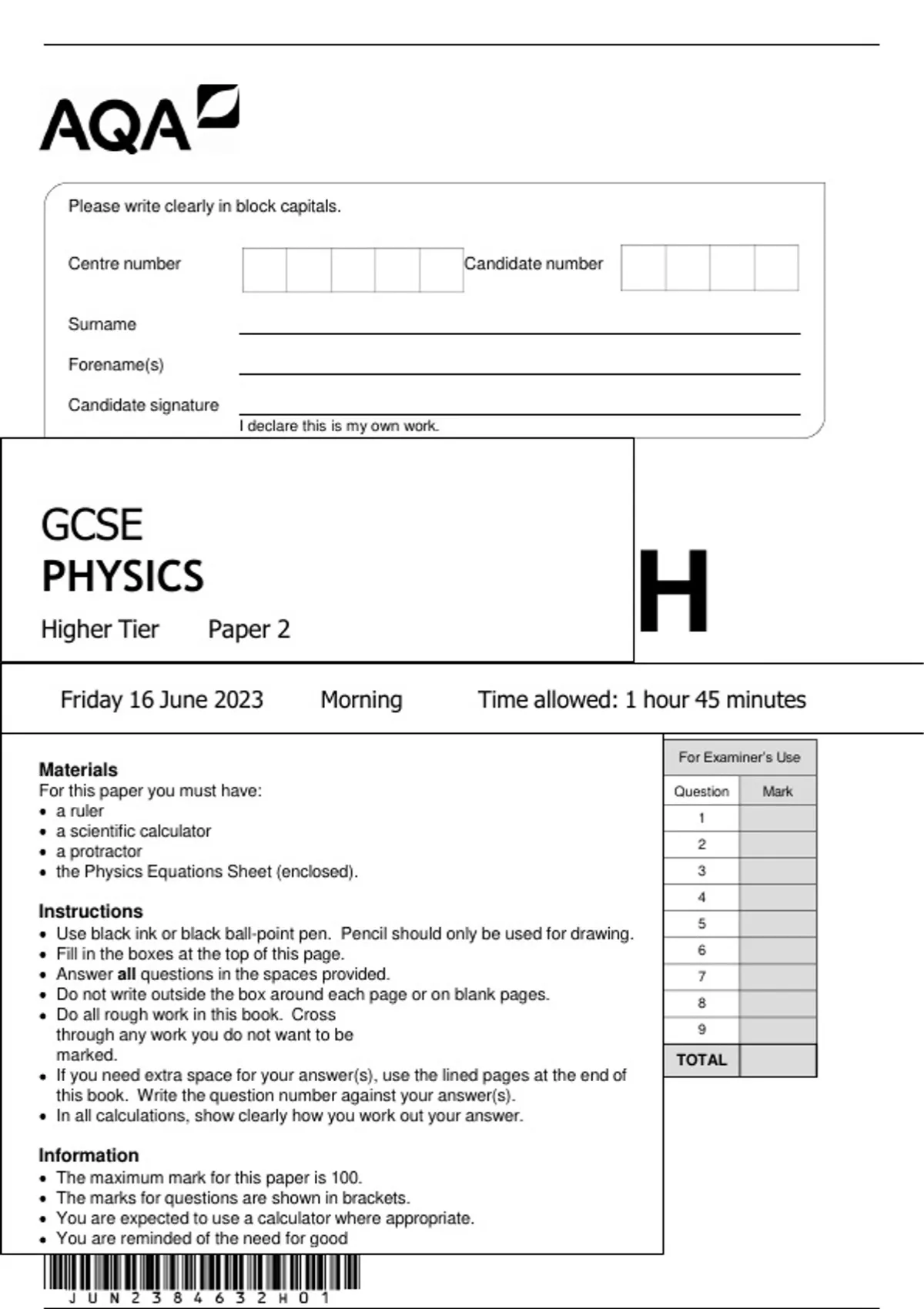 GCSE AQA JUNE 2024 HIGHer tier PHYSICS PAPER 2 - Aqa - Stuvia UK