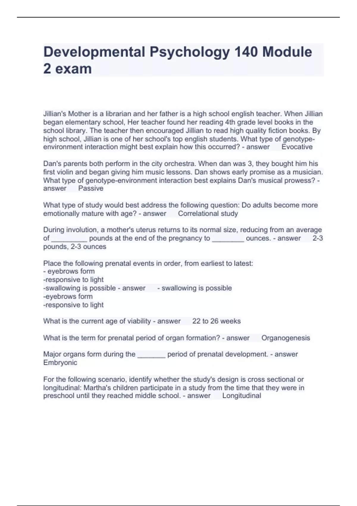 Developmental Psychology 140 Module 2 exam Questions with solutions ...