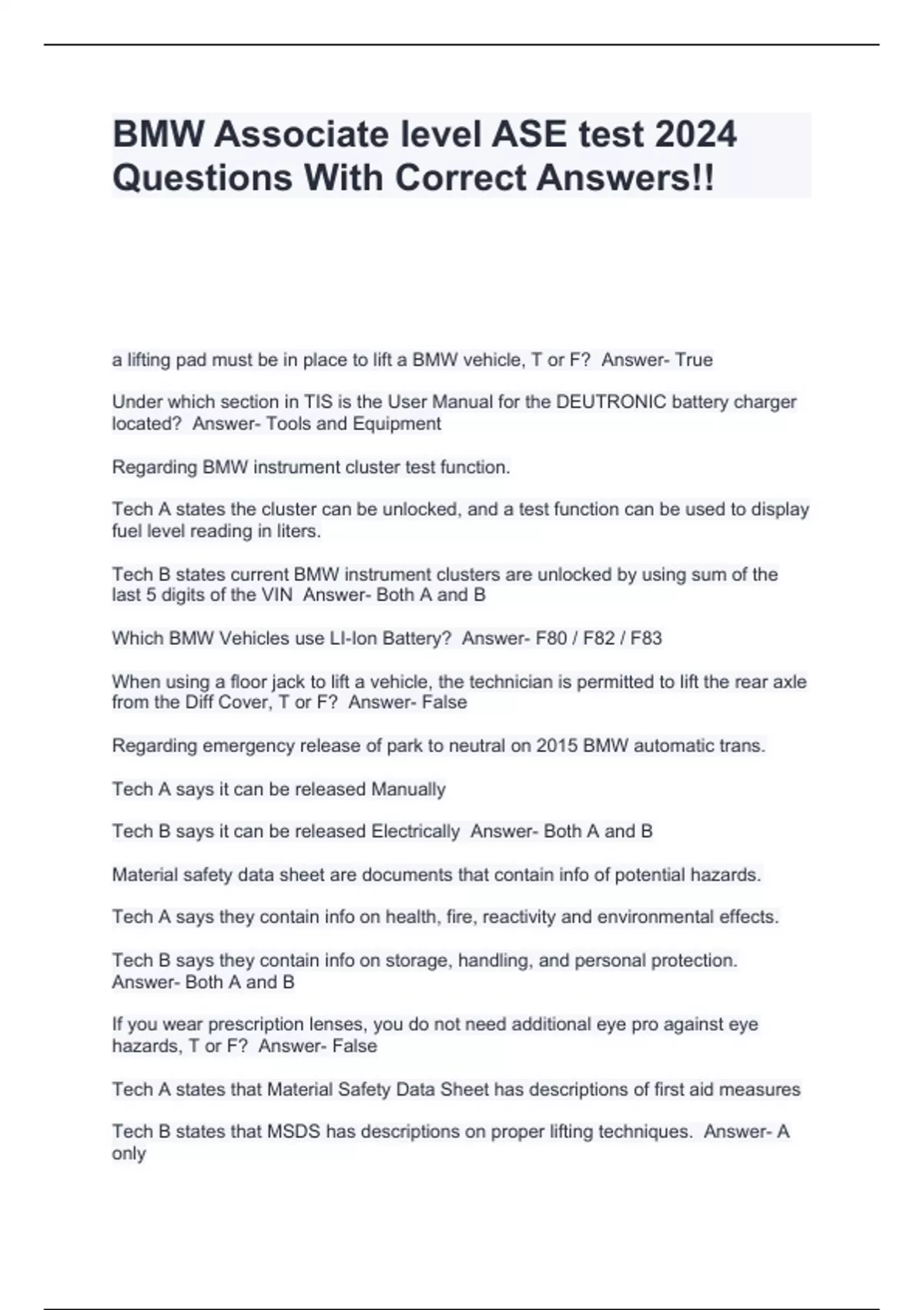 BMW ASSOCIATE LEVEL ASE TEST 2025/26 QUESTIONS WITH CORRECT ANSWERS ...