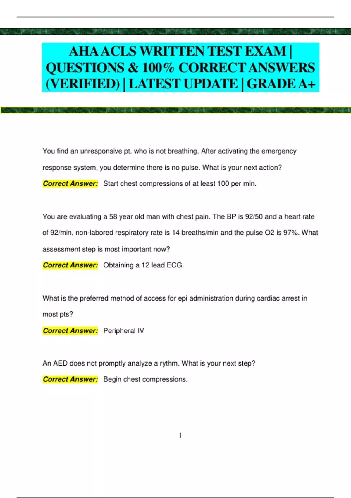 AHA ACLS WRITTEN TEST EXAM PACK | QUESTIONS & 100% CORRECT ANSWERS ...