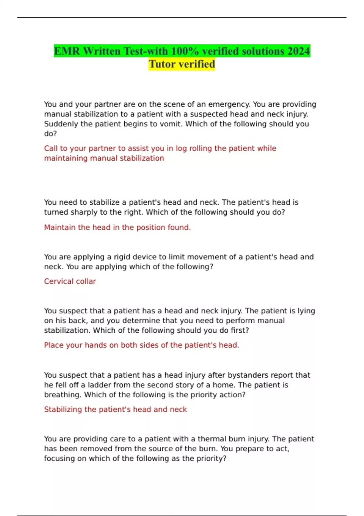 EMR Written Test-with 100% verified solutions 2024 - EMR Written ...