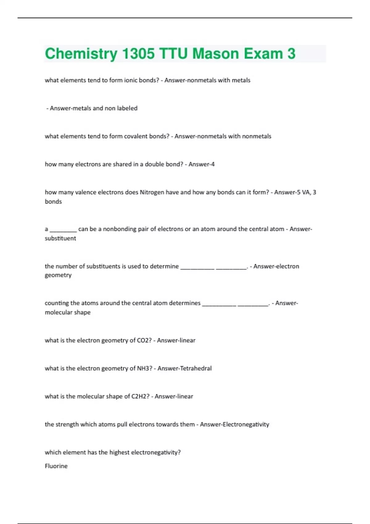 Chemistry 1305 TTU Mason Exam 3 Questions and Answers(A+ Solution guide ...