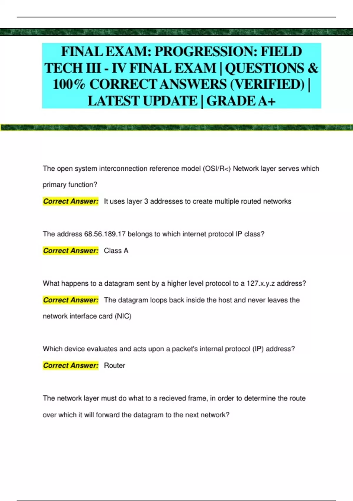 PROGRESSION: FIELD TECH CONVENTIONAL EXAM PACK | QUESTIONS & 100% CORRECT ANSWERS (VERIFIED ...