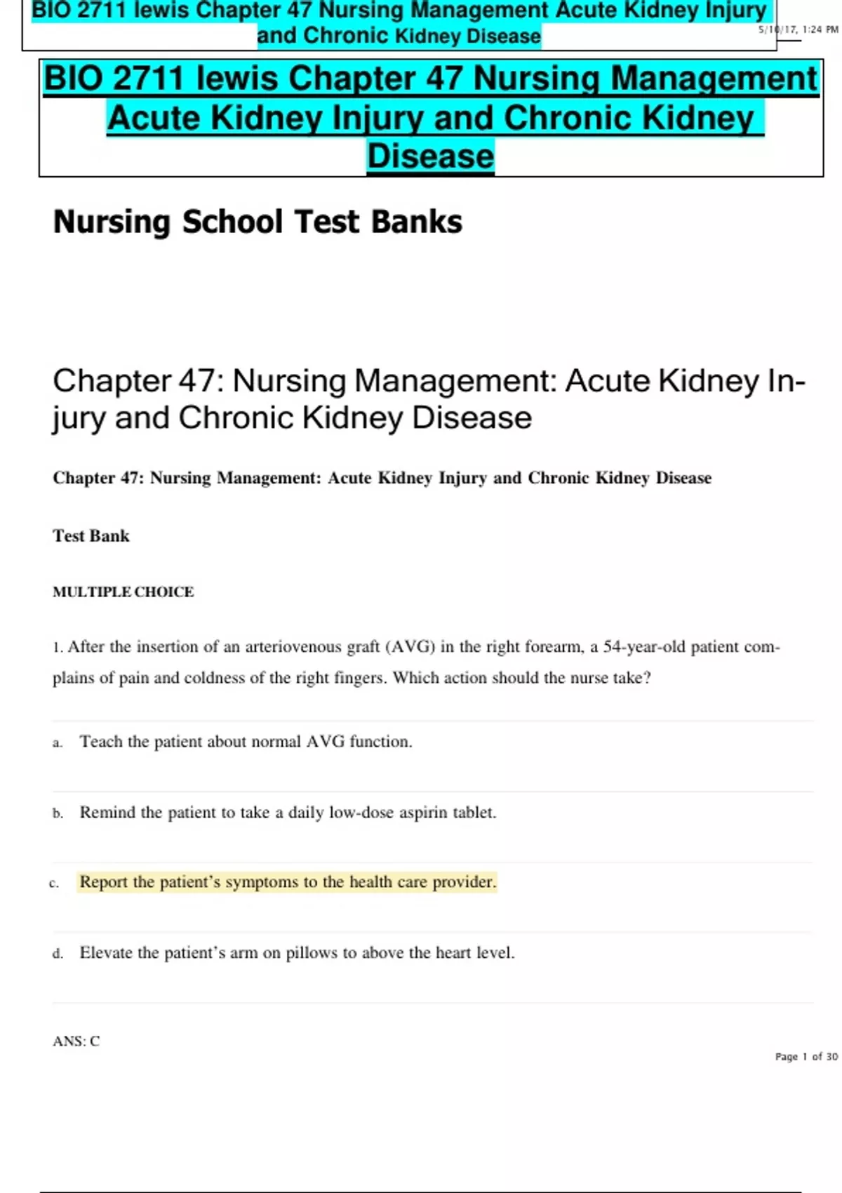 BIO 2711 lewis Chapter 47 Nursing Management Acute Kidney Injury and ...