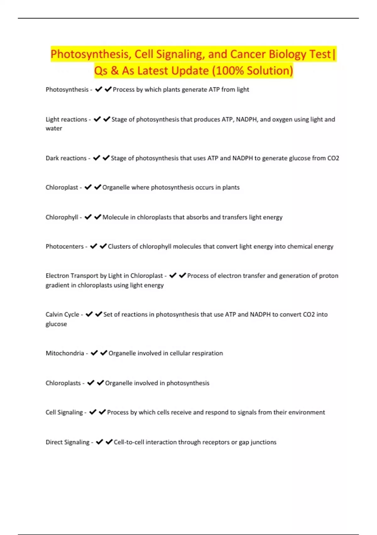 Photosynthesis, Cell Signaling, and Cancer Biology Test| Qs & As Latest ...