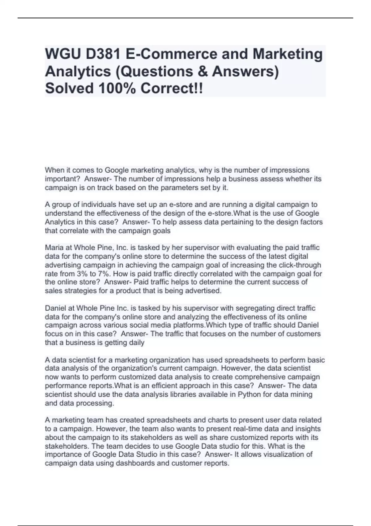 WGU D381 E-Commerce and Marketing Analytics (Questions & Answers ...