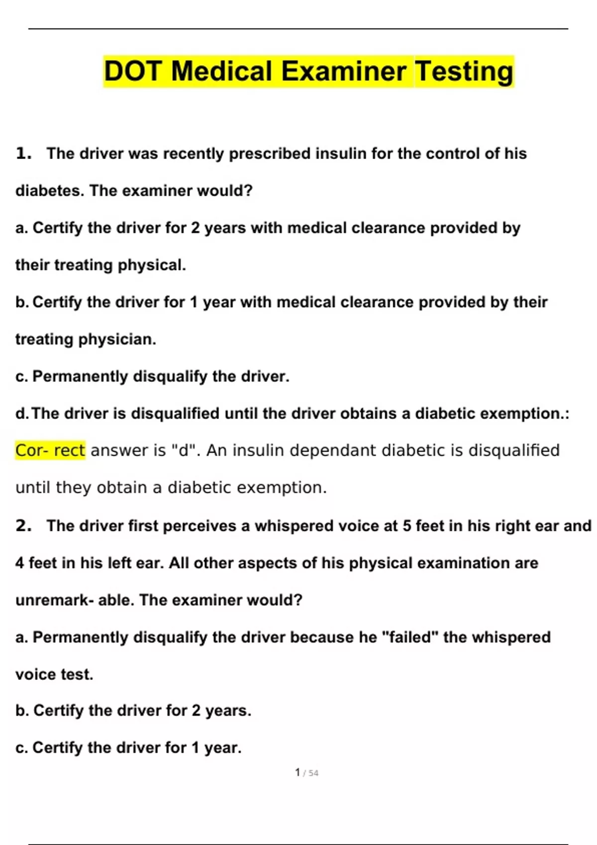 DOT Medical Examiner Testing Questions and Answers (2024 / 2025 ...