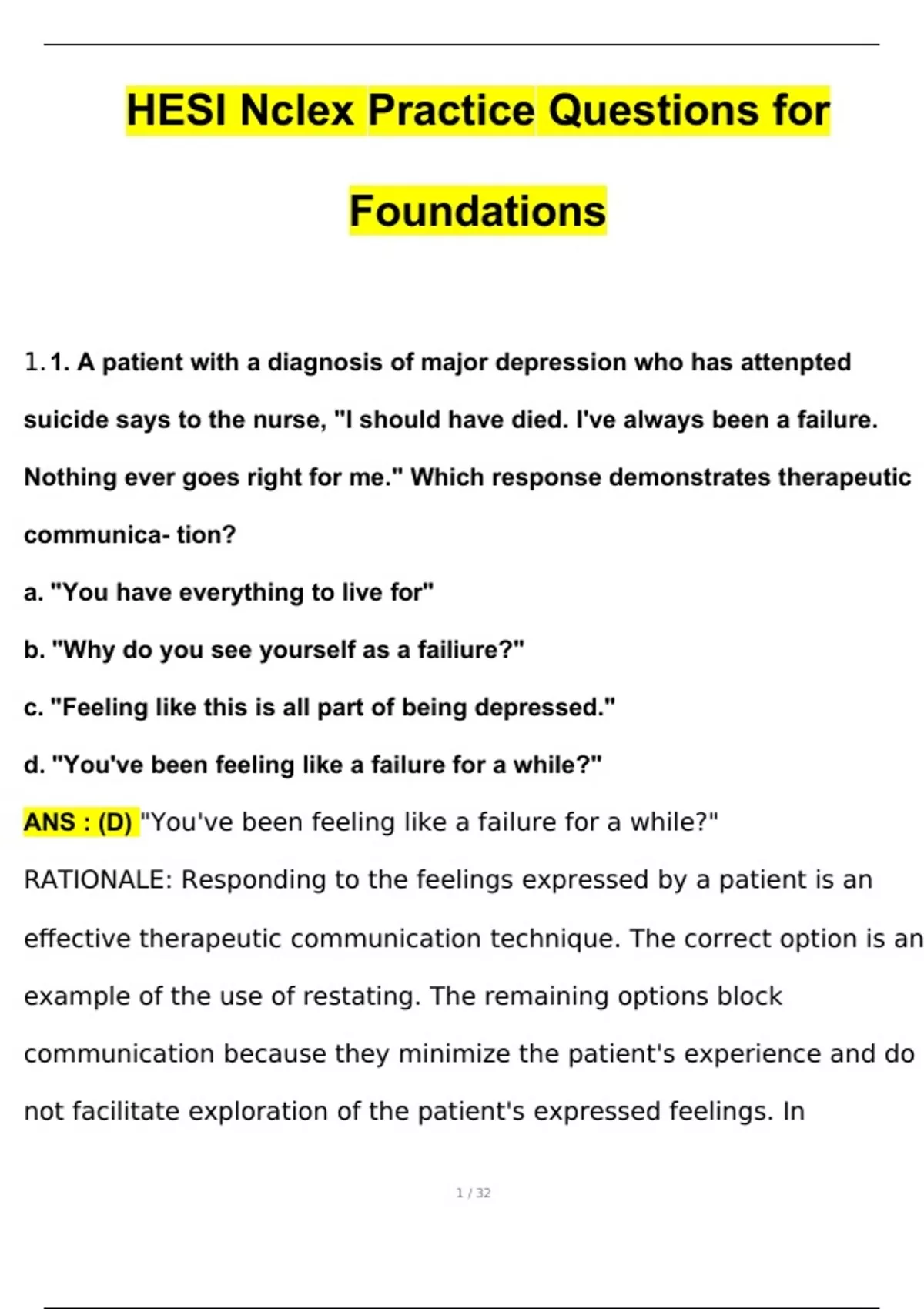 HESI Nclex Practice Questions for Foundations Questions and Answers ...