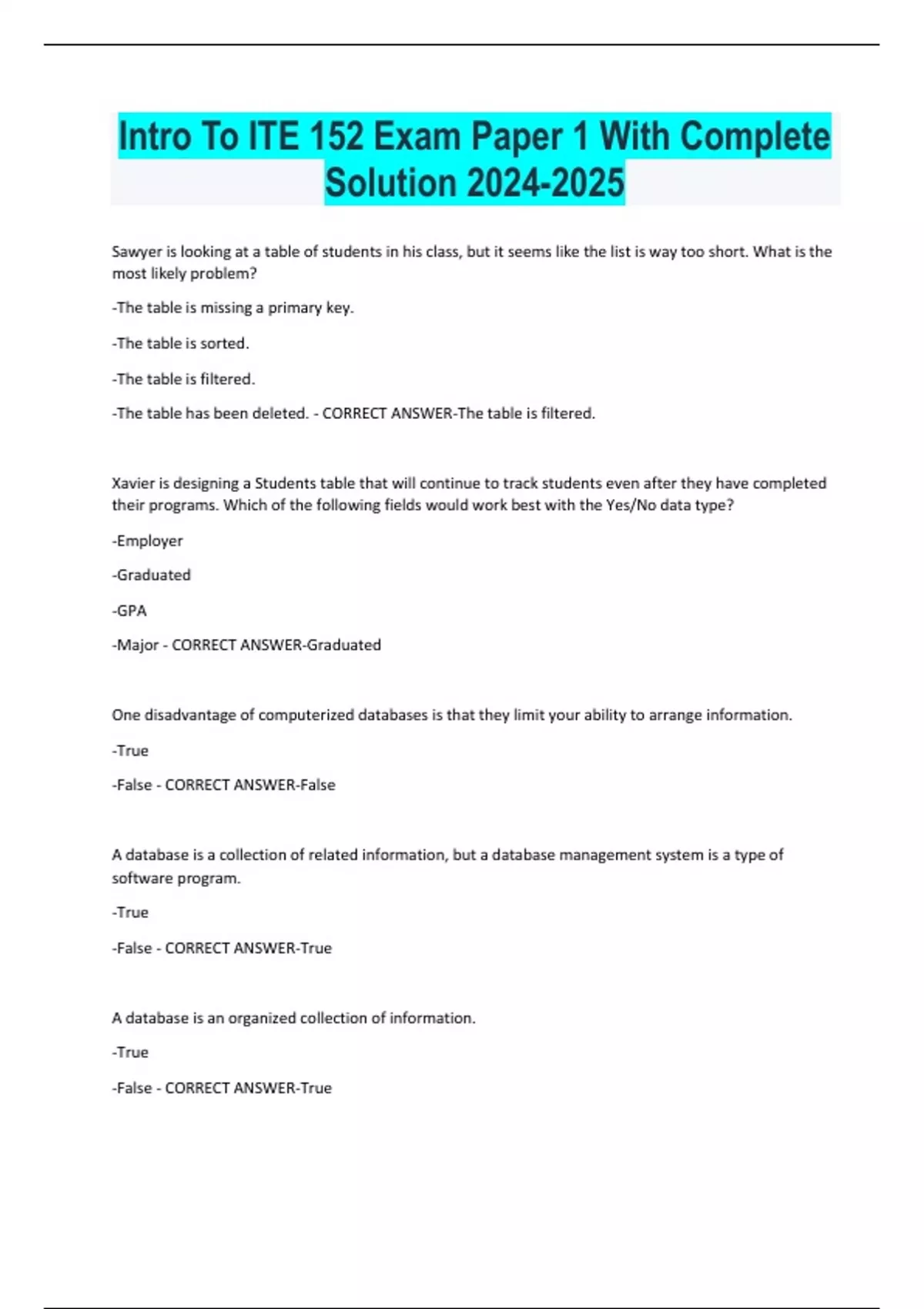 Intro To ITE 152 Exam Paper 1 With Complete Solution - ITE 152 - Stuvia US