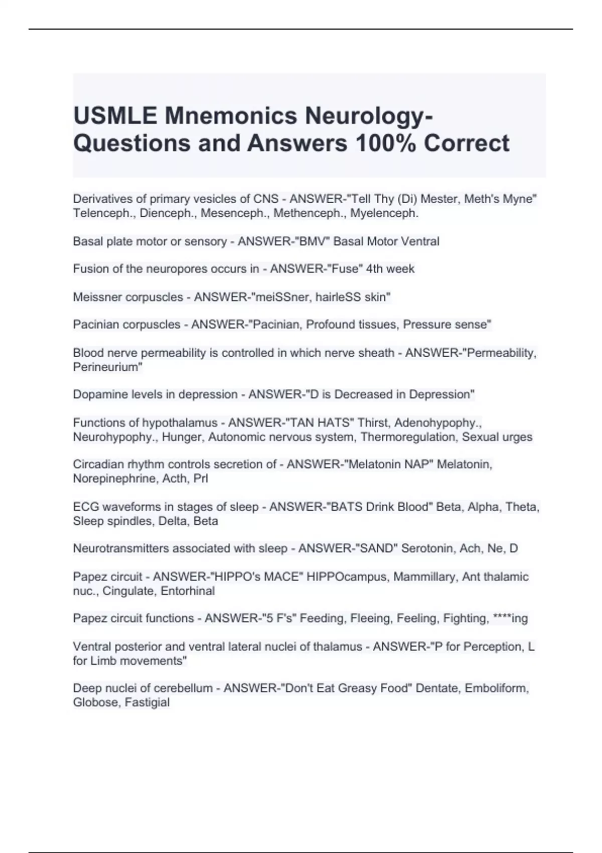 USMLE Mnemonics Neurology-Questions and Answers 100% Correct ...