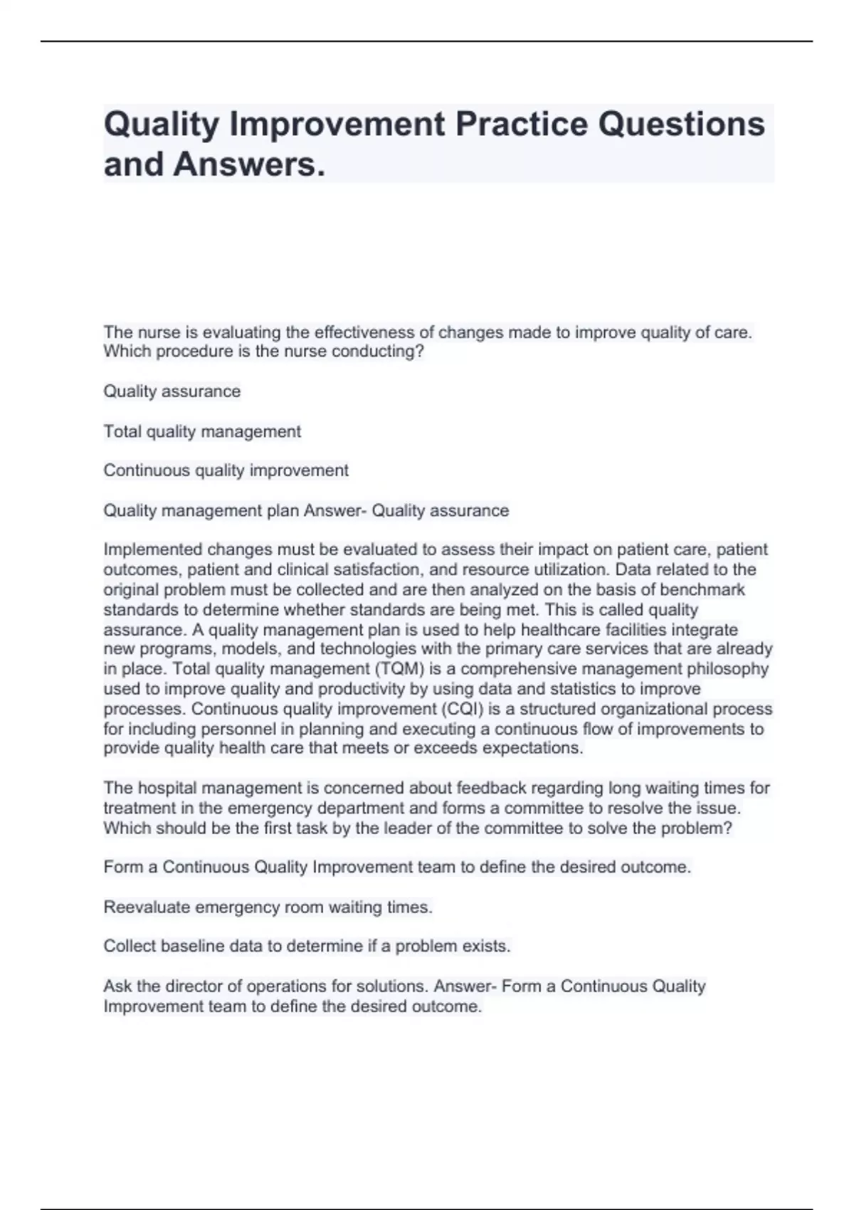 Quality Improvement Practice Questions and Answers - Nursing improvement - Stuvia US