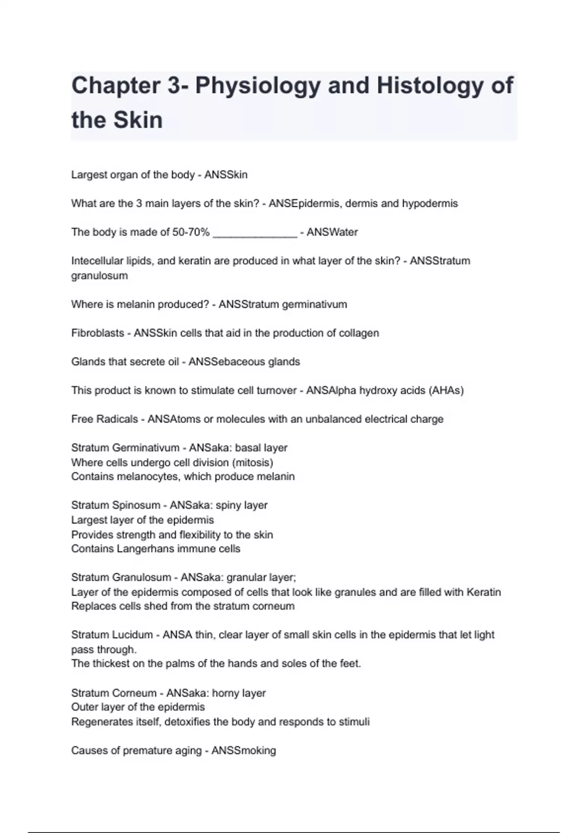 Chapter 3- Physiology and Histology of the Skin 2024/2025 (100% ...