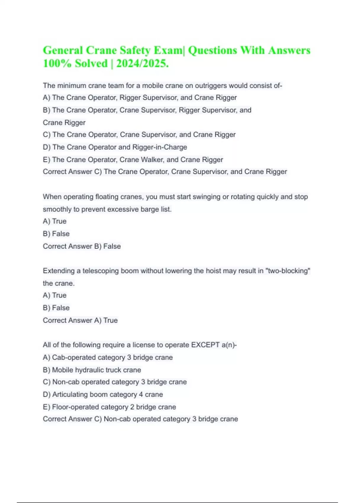 General Crane Safety Exam| Questions With Answers 100% Solved | 2024/ ...