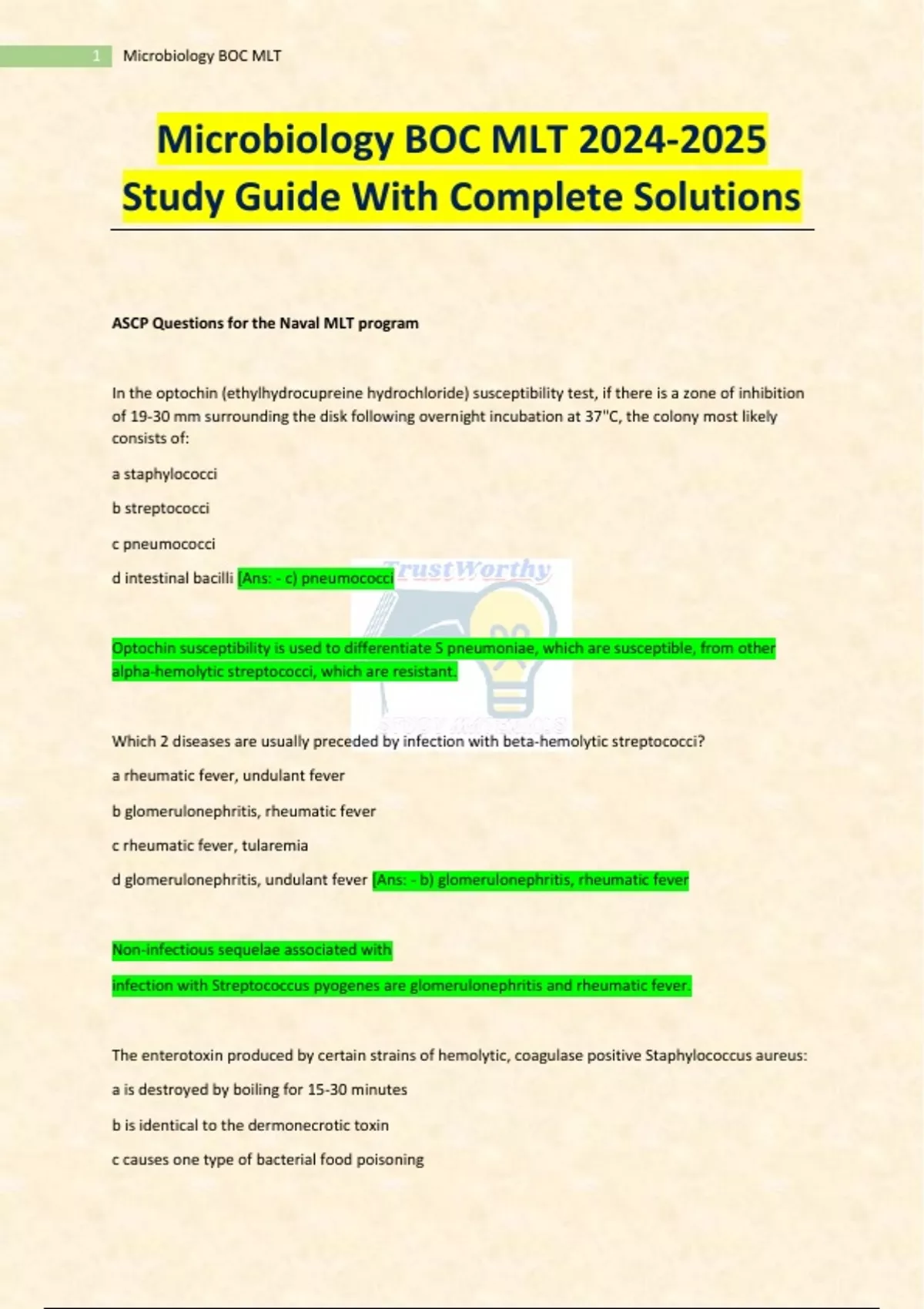 Inclusive; MLT-240 Clinical Microbiology Final Exam| MLT Microbiology BOC Questions Solved 100% ...