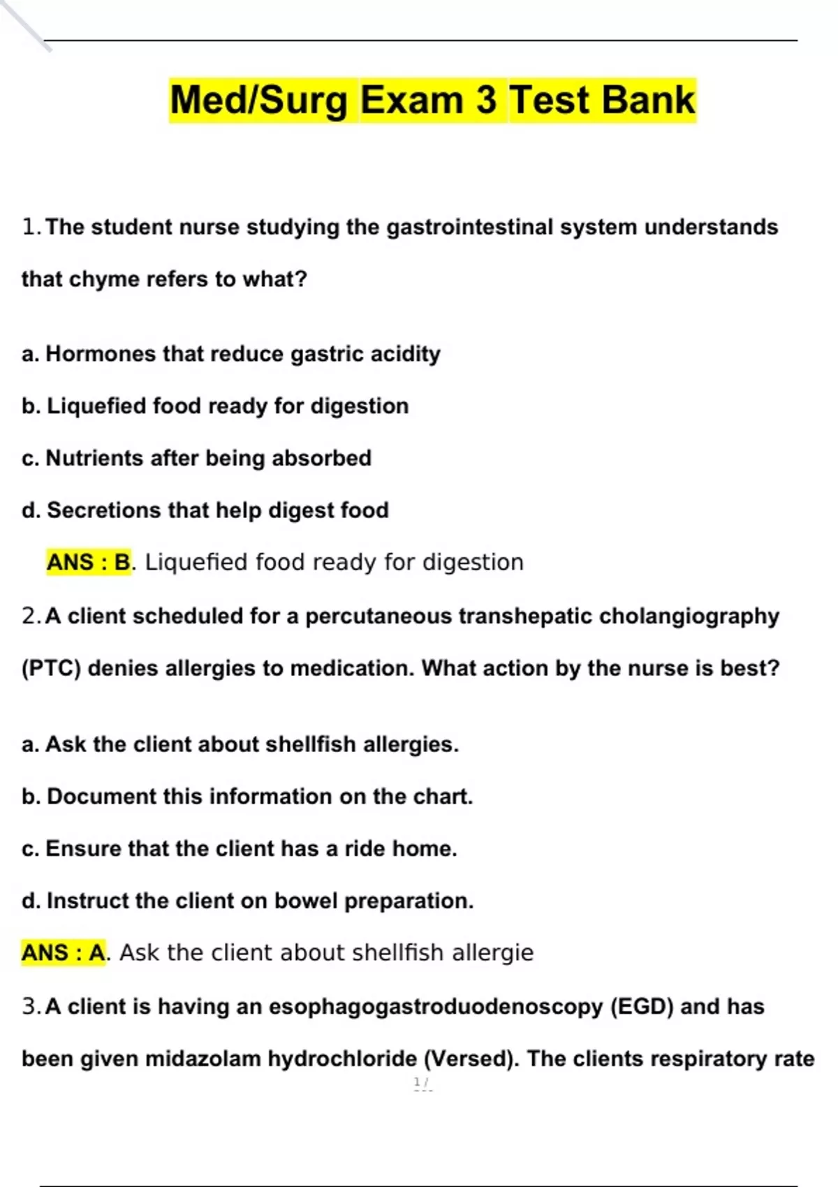 Med Surg Exam 3 Test Bank Questions and Answers (2024 / 2025) (Verified ...