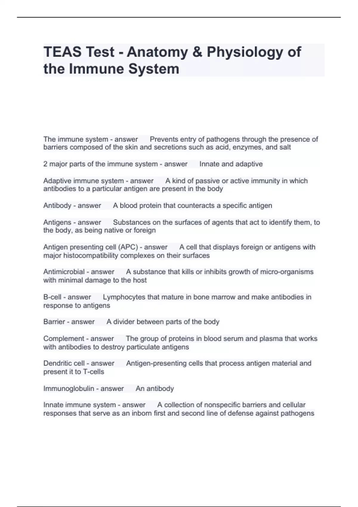 TEAS Test - Anatomy & Physiology of the Immune System Questions and ...