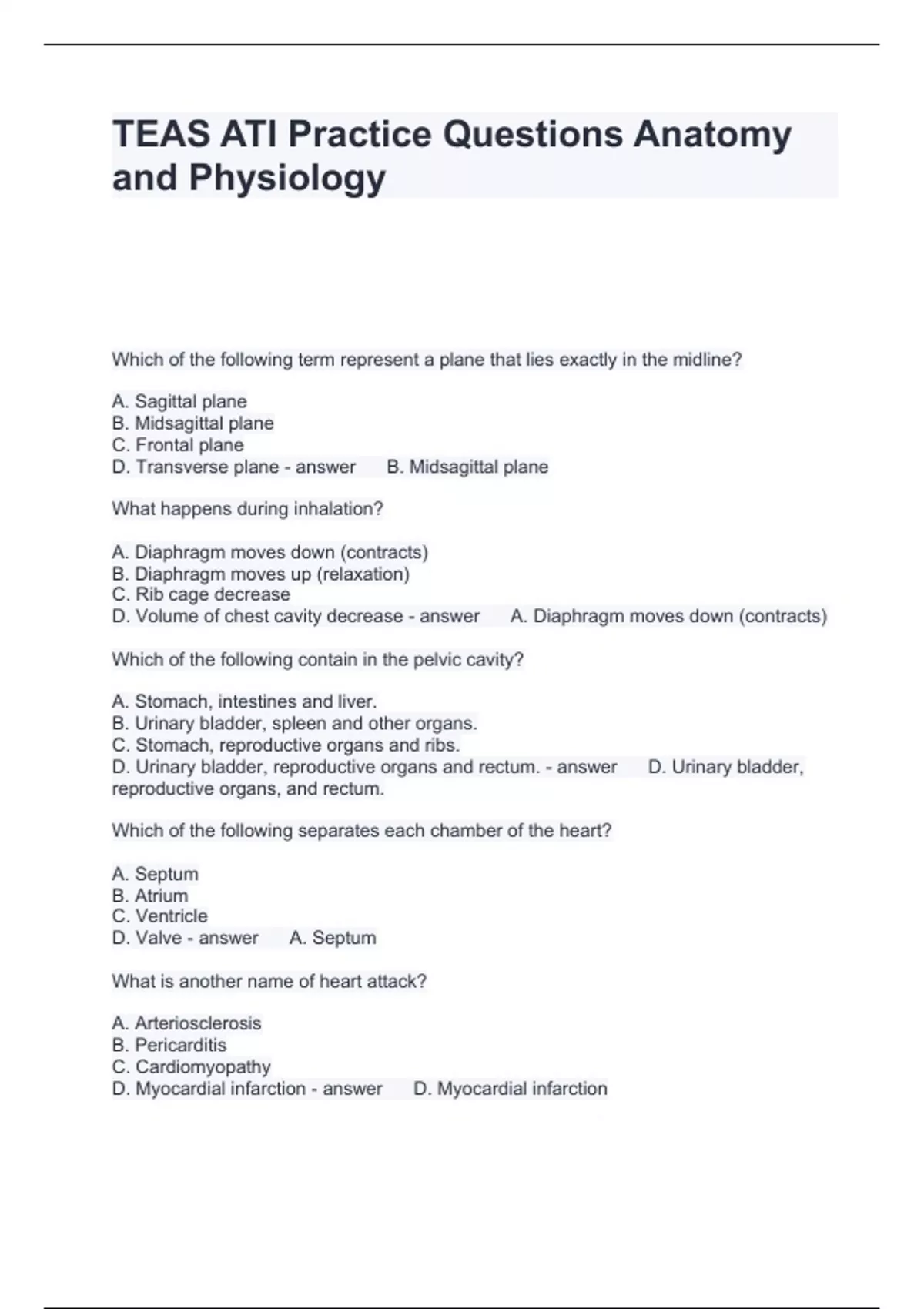 TEAS ATI Practice Questions Anatomy and Physiology Questions with ...