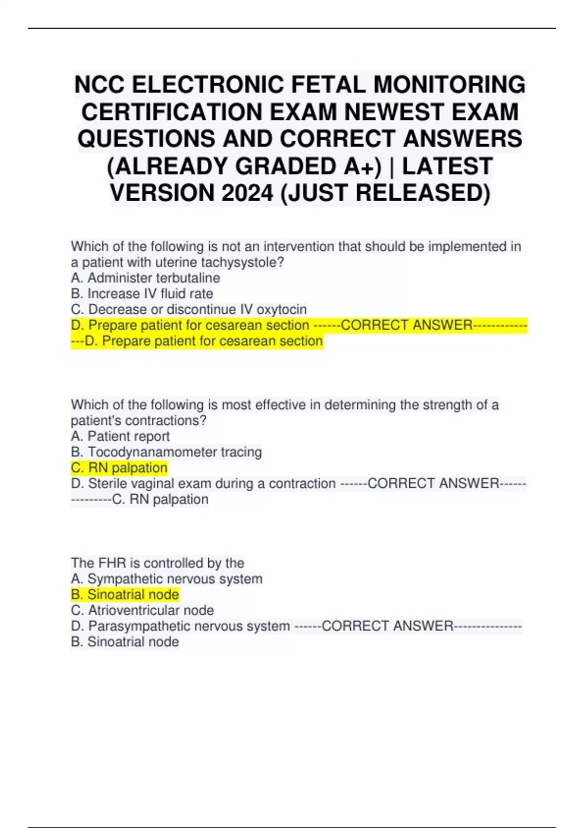 NCC ELECTRONIC FETAL MONITORING CERTIFICATION EXAM NEWEST EXAM QUESTIONS AND CORRECT ANSWERS ...