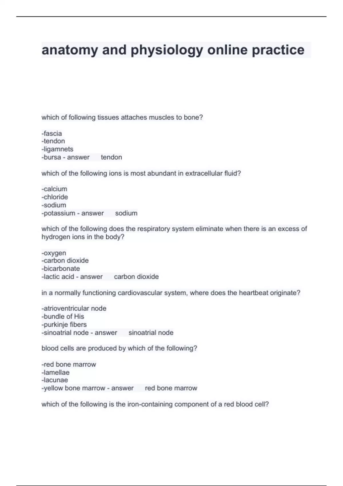 anatomy and physiology online practice Questions with solutions 2024 ...
