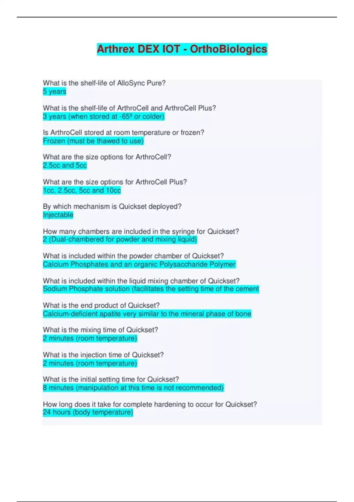 Arthrex DEX IOT - OrthoBiologics (Answered) - Arthrex DEX IOT - Stuvia US