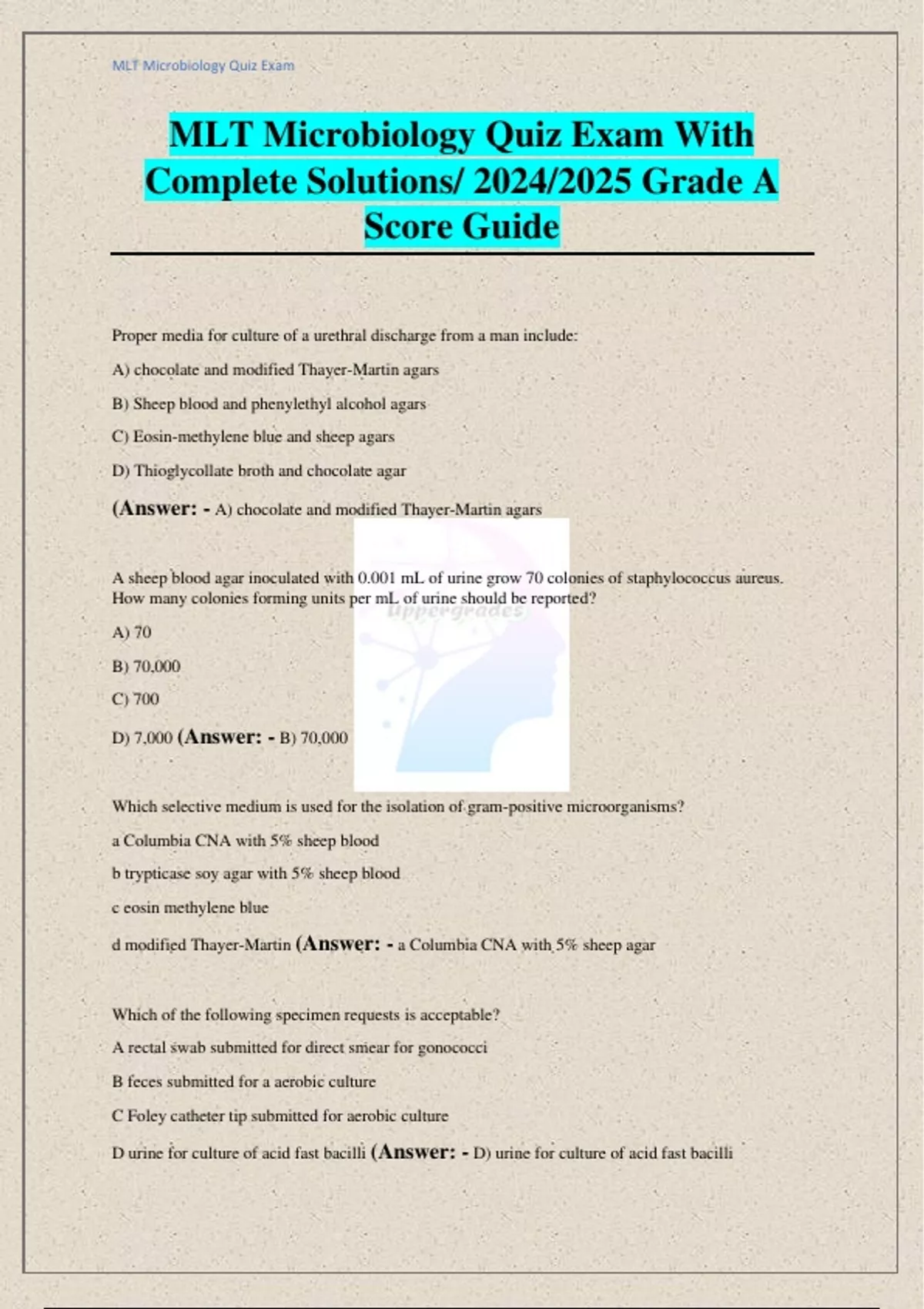 MLT Microbiology Quiz Exam With Complete Solutions/ 2024/2025 Grade A Score Guide - MLT ...