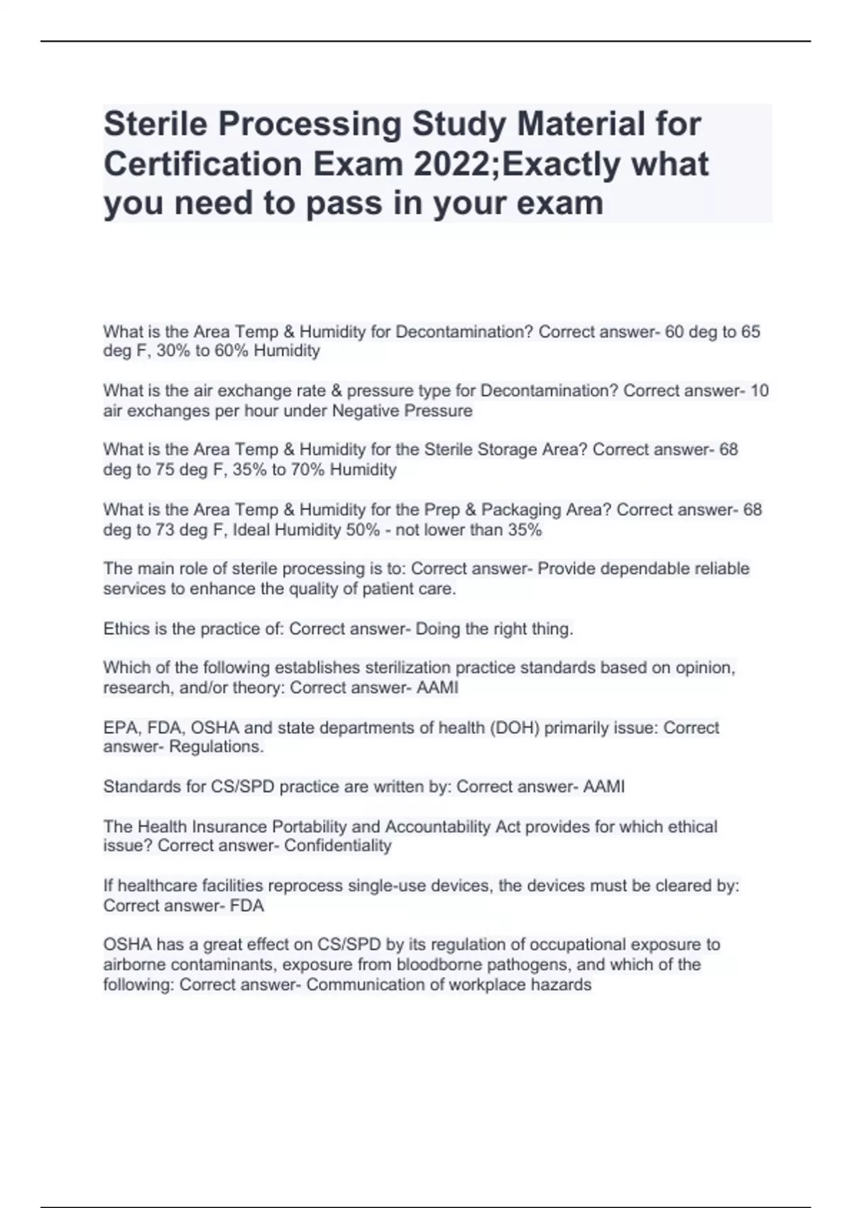 Sterile Processing Study Material for Certification Exam 2024 - Nursing ...