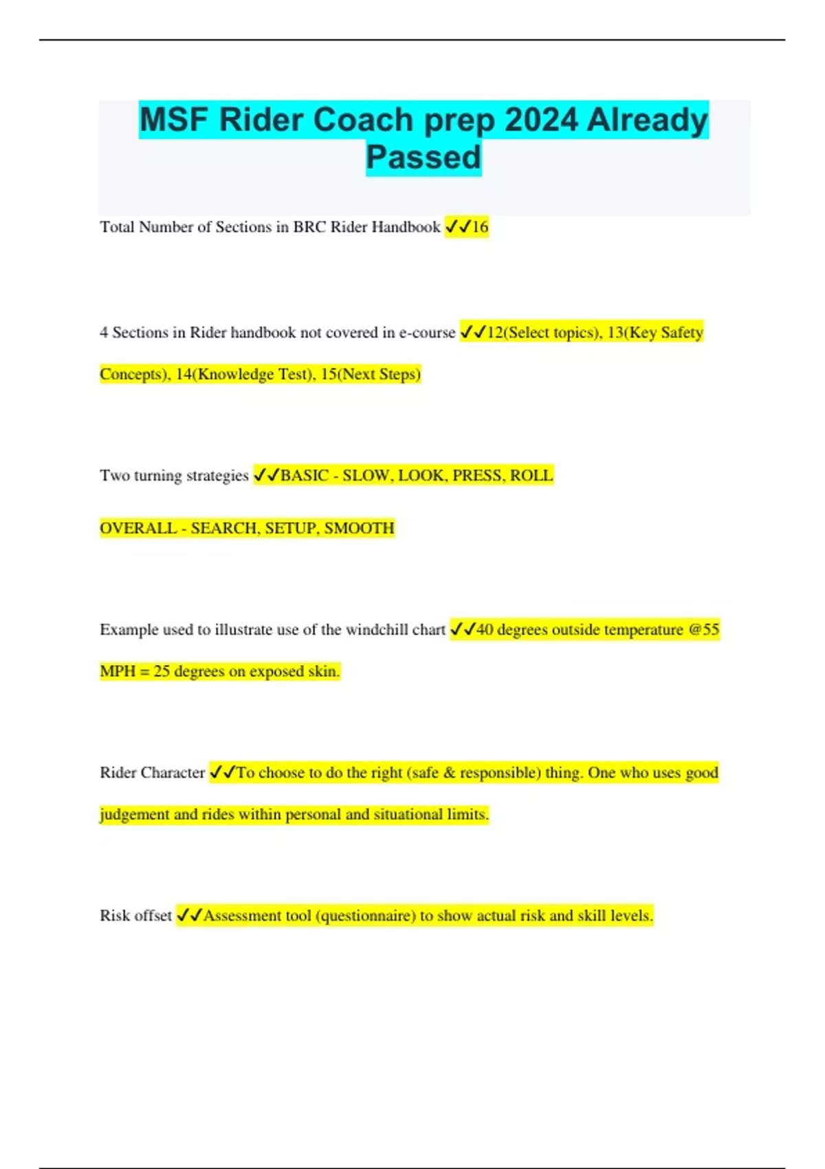 MSF Rider Coach prep 2024 Already Passed - MSF Rider Coach - Stuvia US