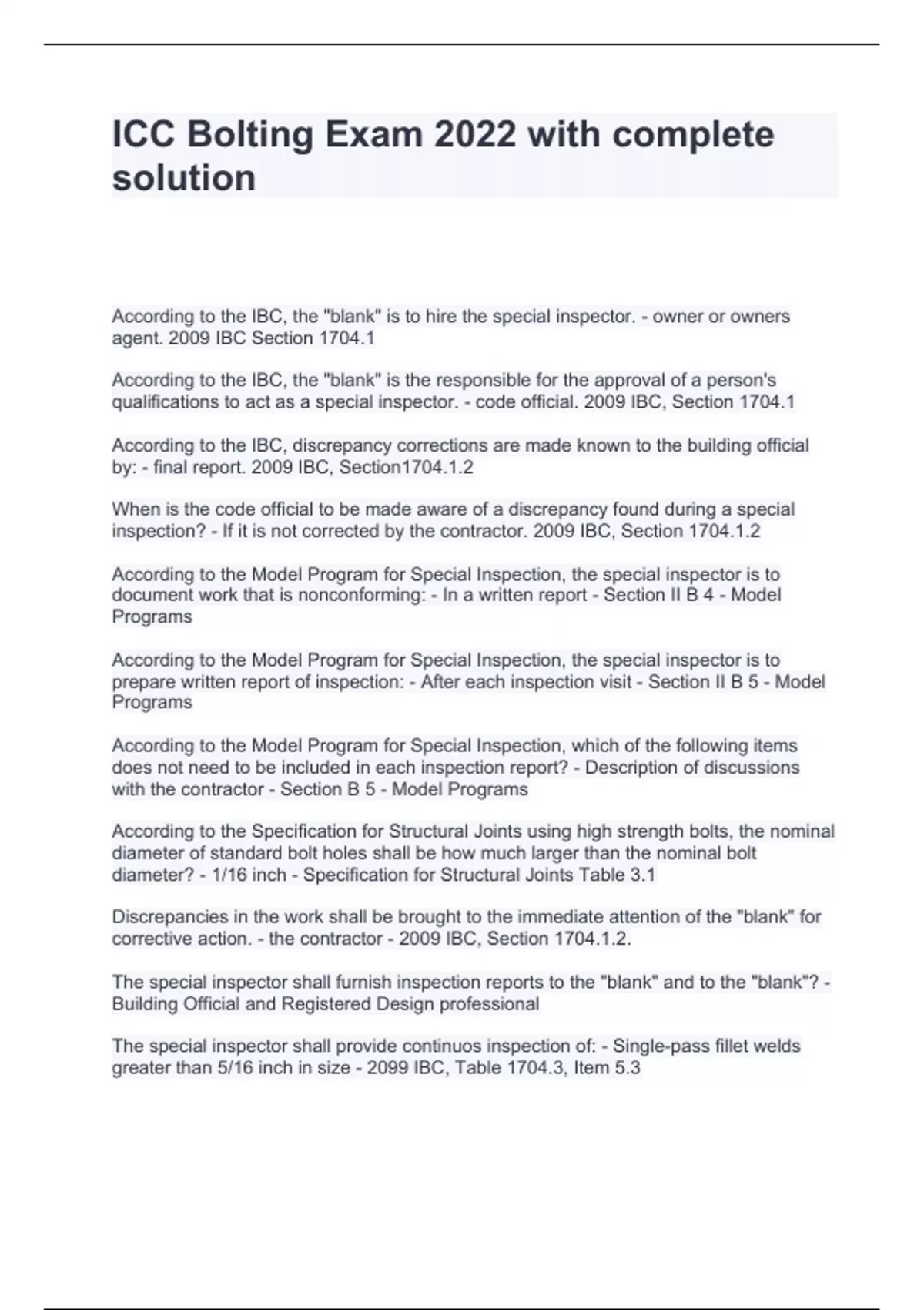 ICC Bolting Exam 2024 with complete solution - Advance nursing - Stuvia US