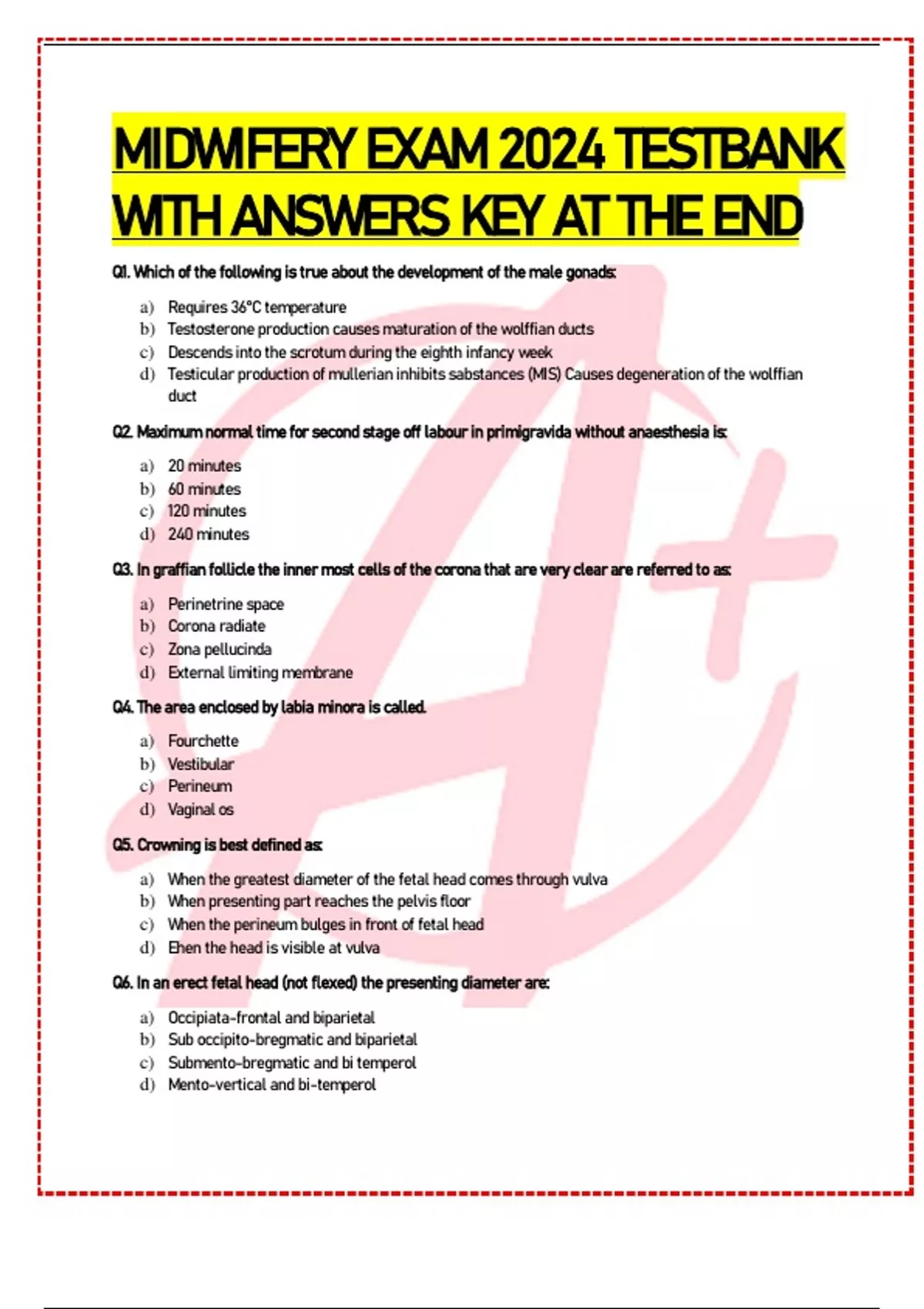 MIDWIFERY EXAM 2024 TESTBANK WITH ANSWERS KEY AT THE END - MIDWIFERY ...