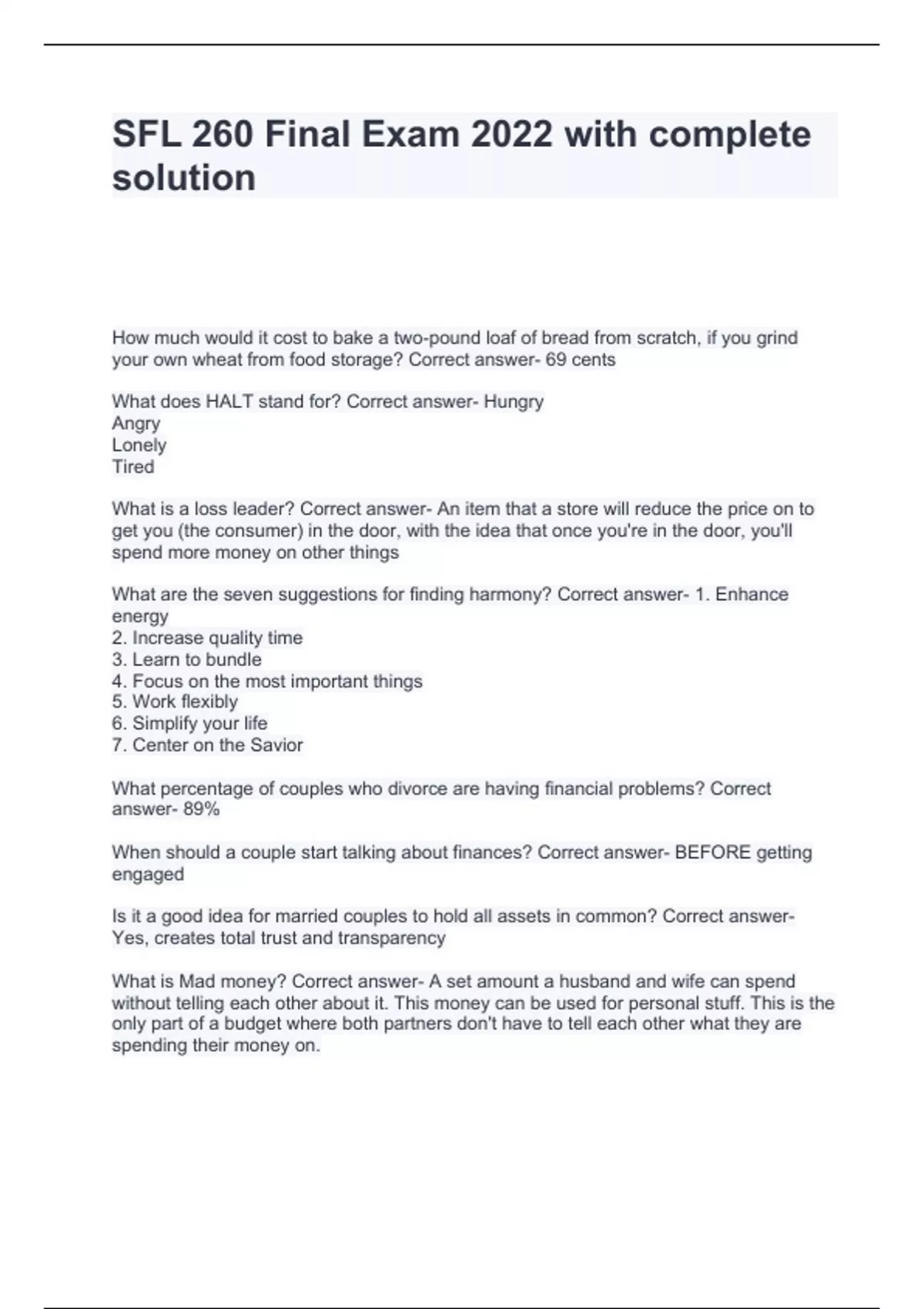 SFL 260 Final Exam 2024 with complete solution - Advance nursing ...