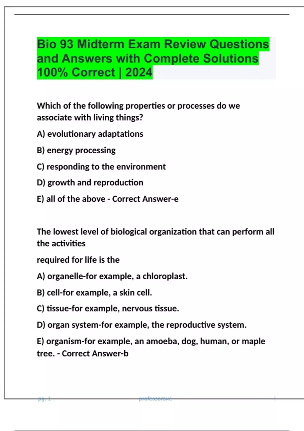 Bio 93 Midterm Exam Review Questions and Answers with Complete ...