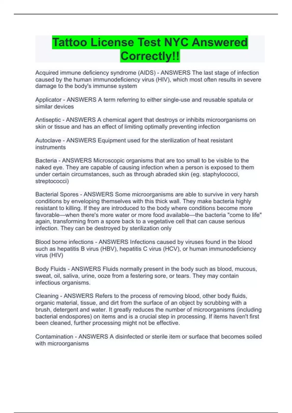 Tattoo License Test NYC Answered Correctly!! - Tattoo License - Stuvia US