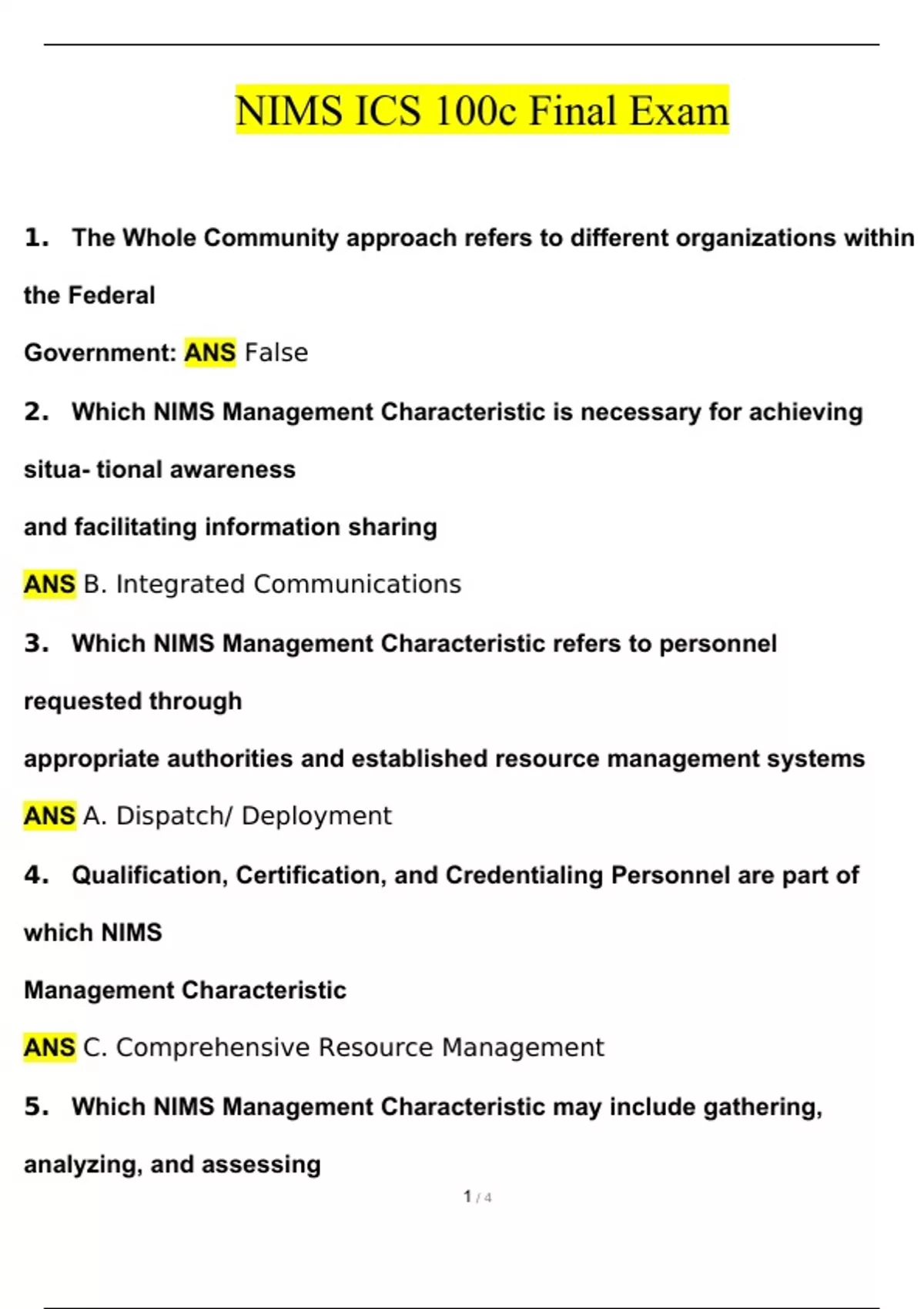 FEMA NIMS ICS 100c Final Exam Questions And Answers 2024 2025