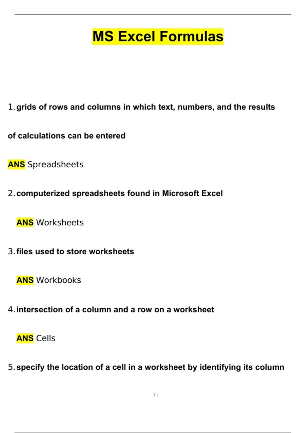 MISY 5325 MS Excel Simple Formulas PASSED - MISY - Stuvia US