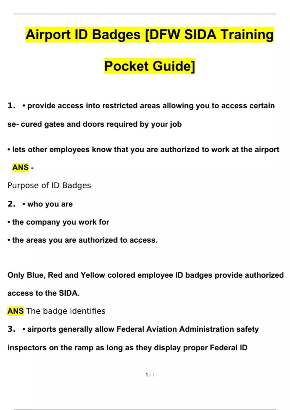 SIDA Training Part 1-3 BUNDLED DFW SIDA Training SIDA Badge Questions ...