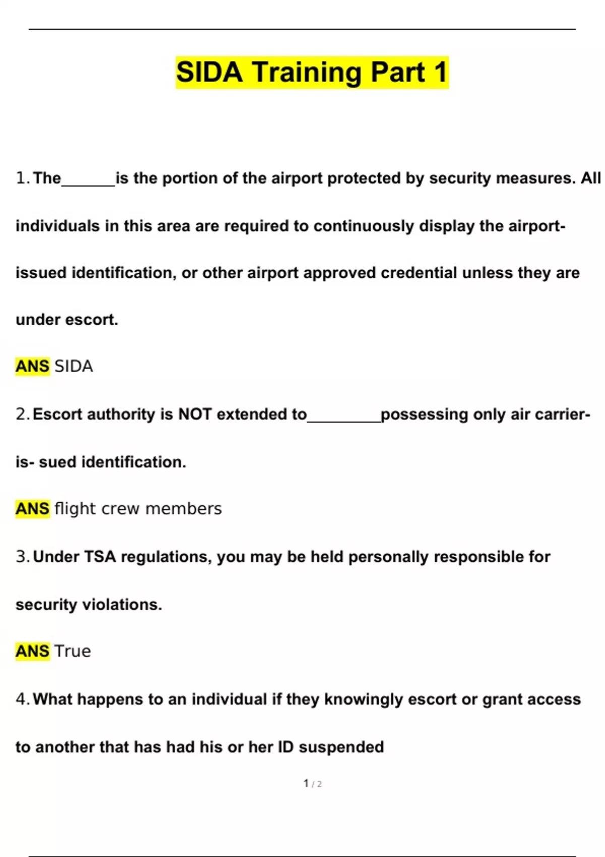 SIDA Training Part 1 Questions and Answers (2024 / 2025) (Verified ...