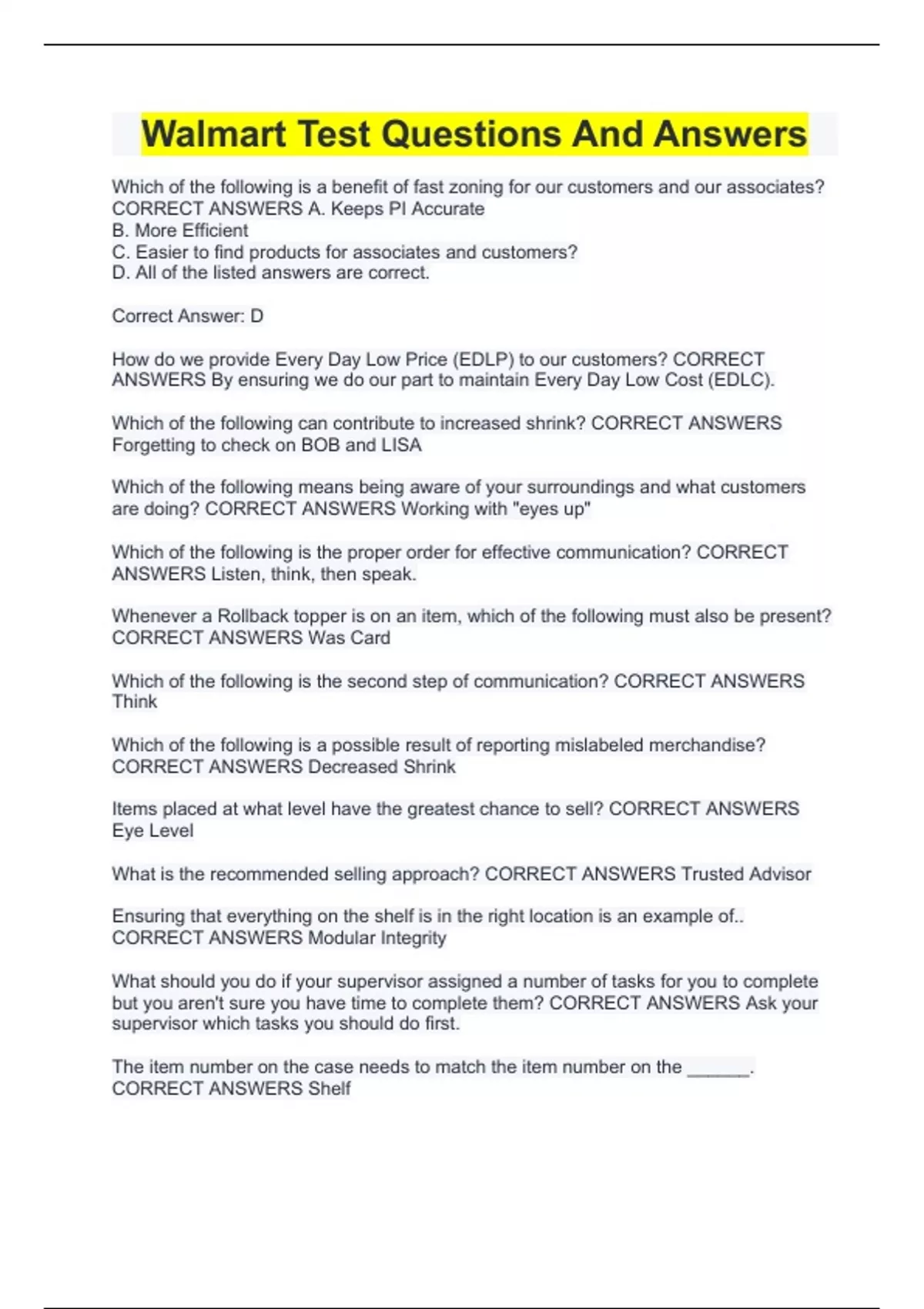 Walmart Test Questions And Answers - Walmart management - Stuvia US