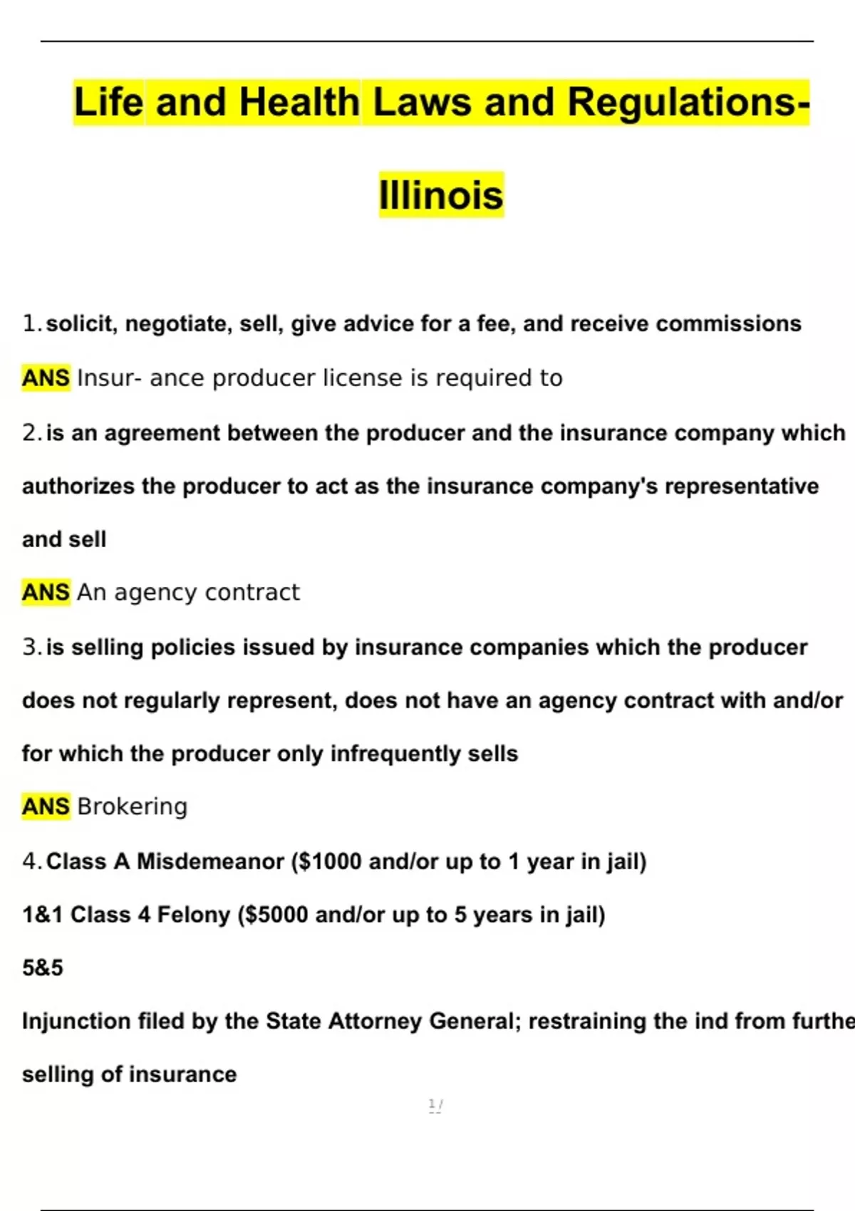 Life and Health Laws and Regulations-Illinois Questions and Answers ...
