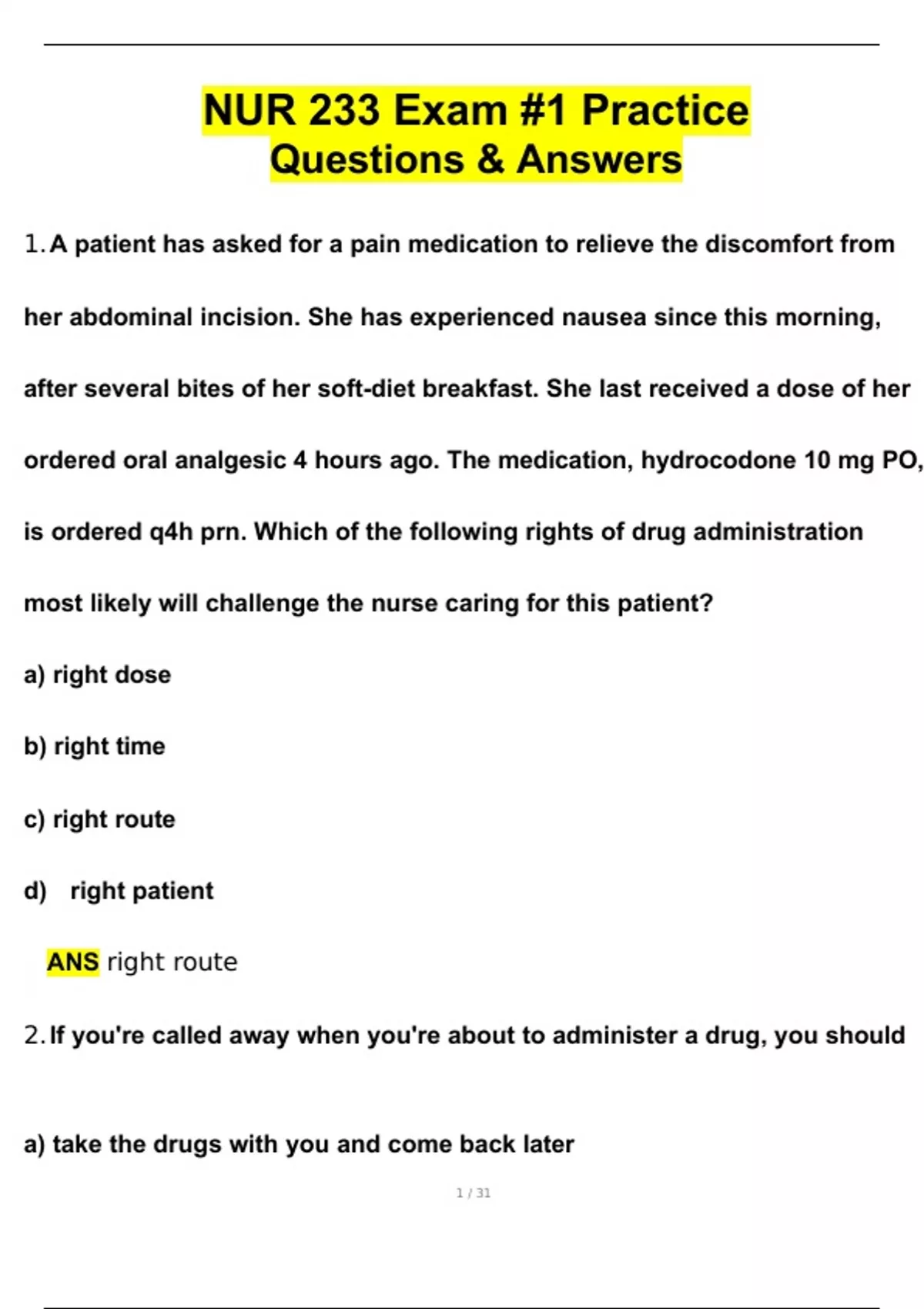 NUR 233 Exam #1 Practice Questions and Answers (2024 / 2025) (Verified ...